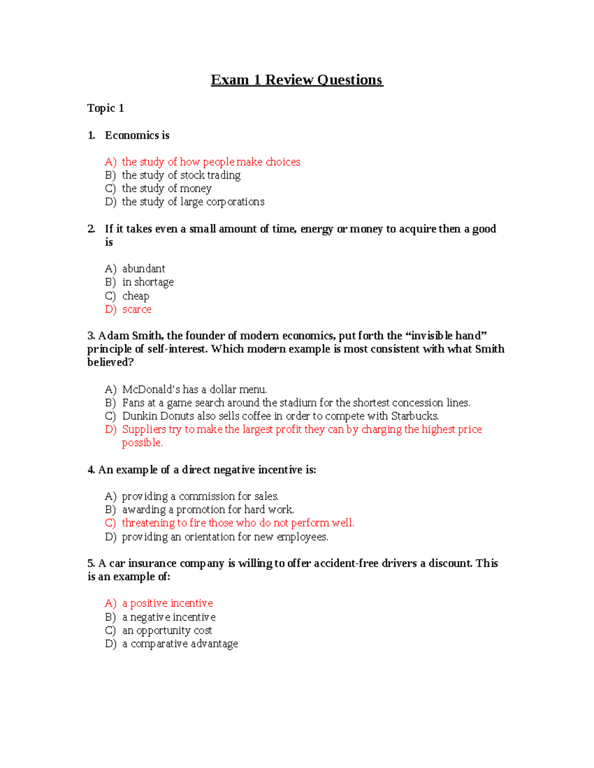 Exam 1 Review Questions: Economics Incentives and Microeconomics - Studocu
