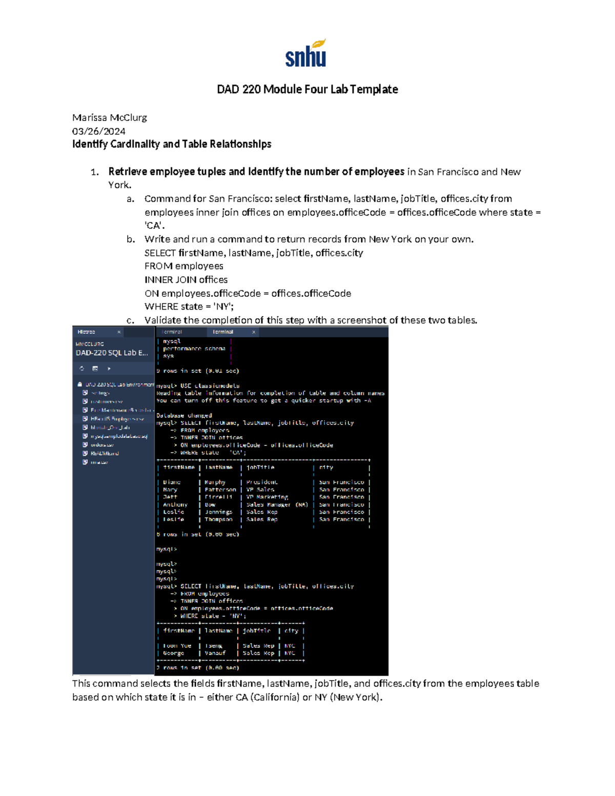 DAD 220 Module Four Lab - Retrieve employee tuples and identify the ...