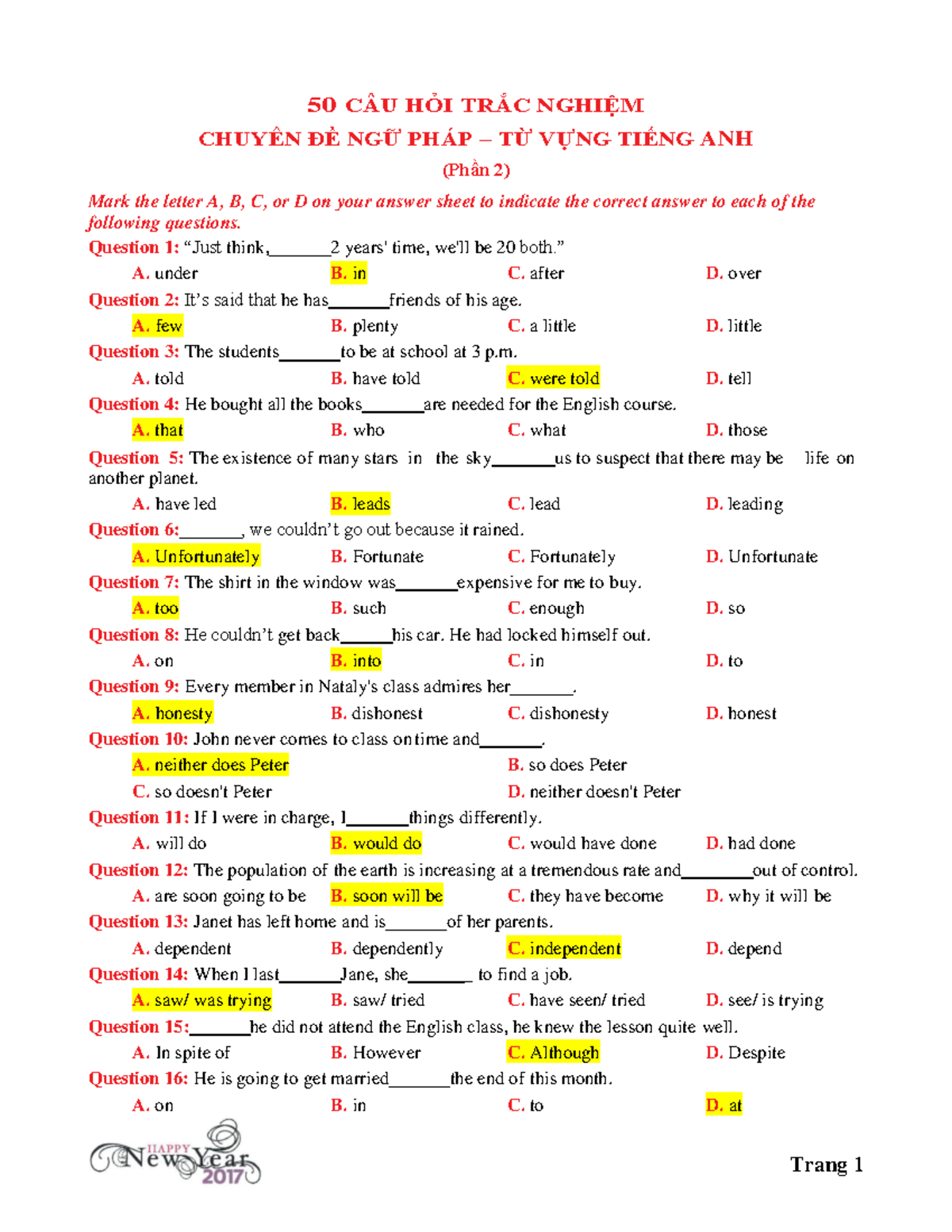 50 cau hoi trac nghiem chuyen de ngu phap tu vung tieng anh co dap an phan 2 - Trang 1 50 CÂU ...