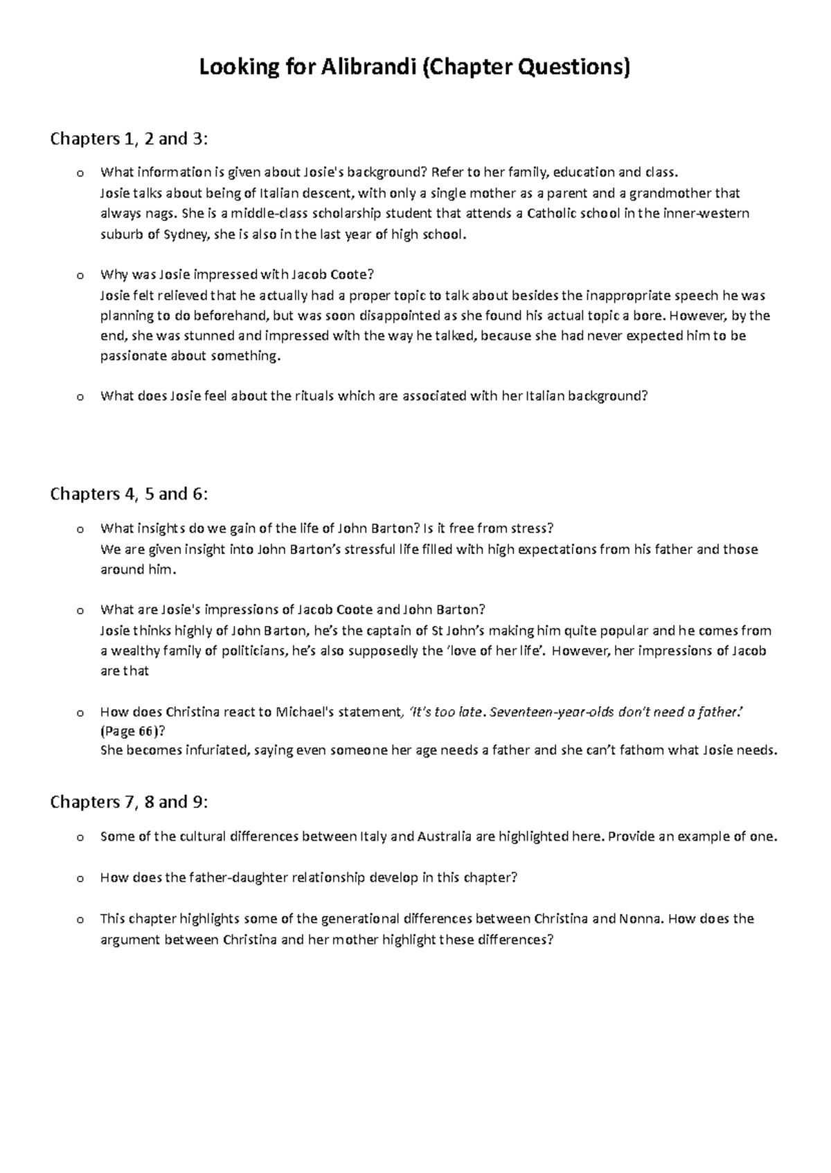 Looking for Alibrandi Questions - Looking for Alibrandi (Chapter ...