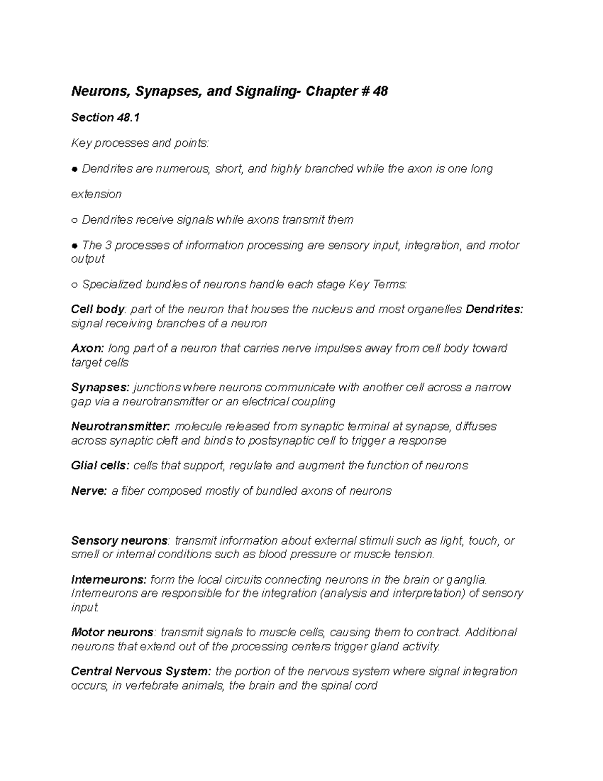 Neurons, Synapses, and Signaling- Chapter # 48 - Key processes and ...