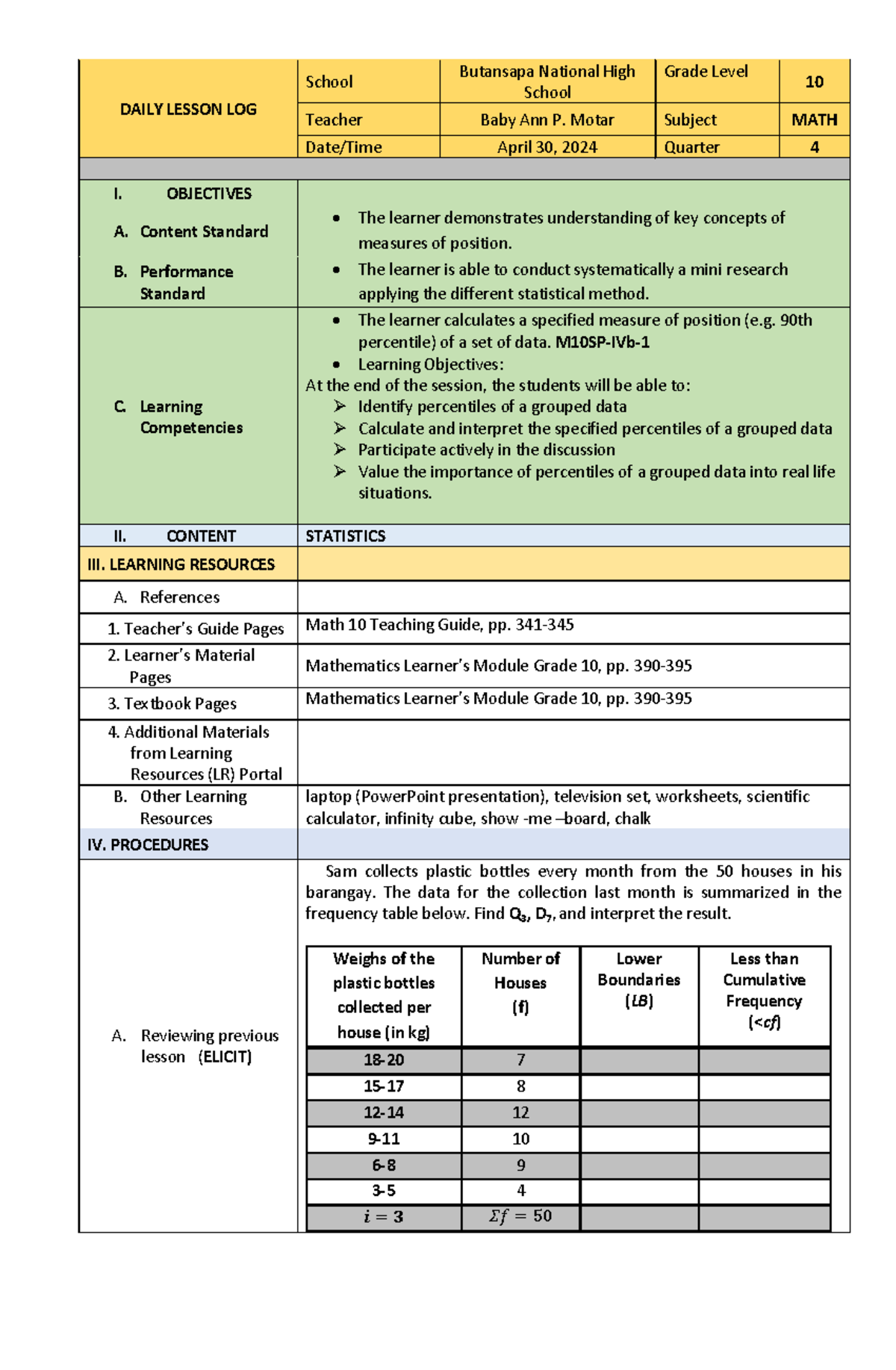 Lesson plan for percentiles for grouped data ( Final demo) - DAILY LESSON LOG School Butansapa ...