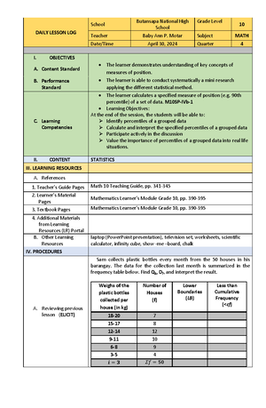 Lesson plan for percentiles for ungrouped data (local demo) 2 - DAILY LESSON LOG School ...