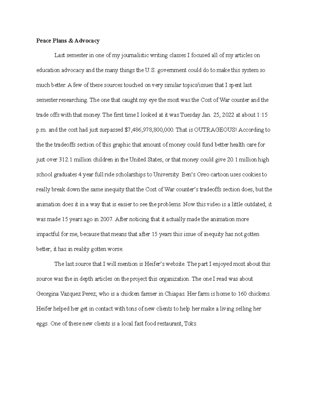 Peace Plans & Advocacy - Peace Plans & Advocacy Last semester in one of ...