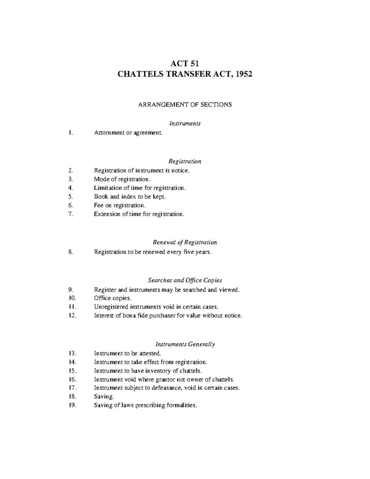 Chattels Transfer ACT, 1952 - ACT 51 CHATTELS TRANSFER ACT, 1952 ...