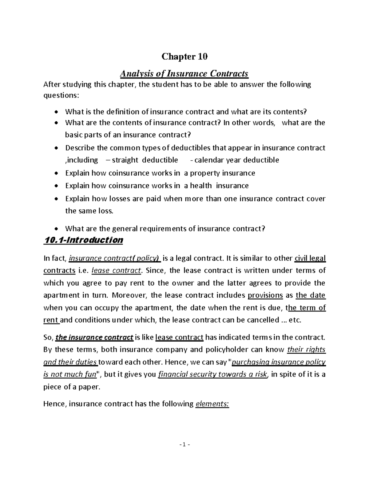 Chapter 10 analysis of insurance contract 1 - Chapter 10 Analysis of ...