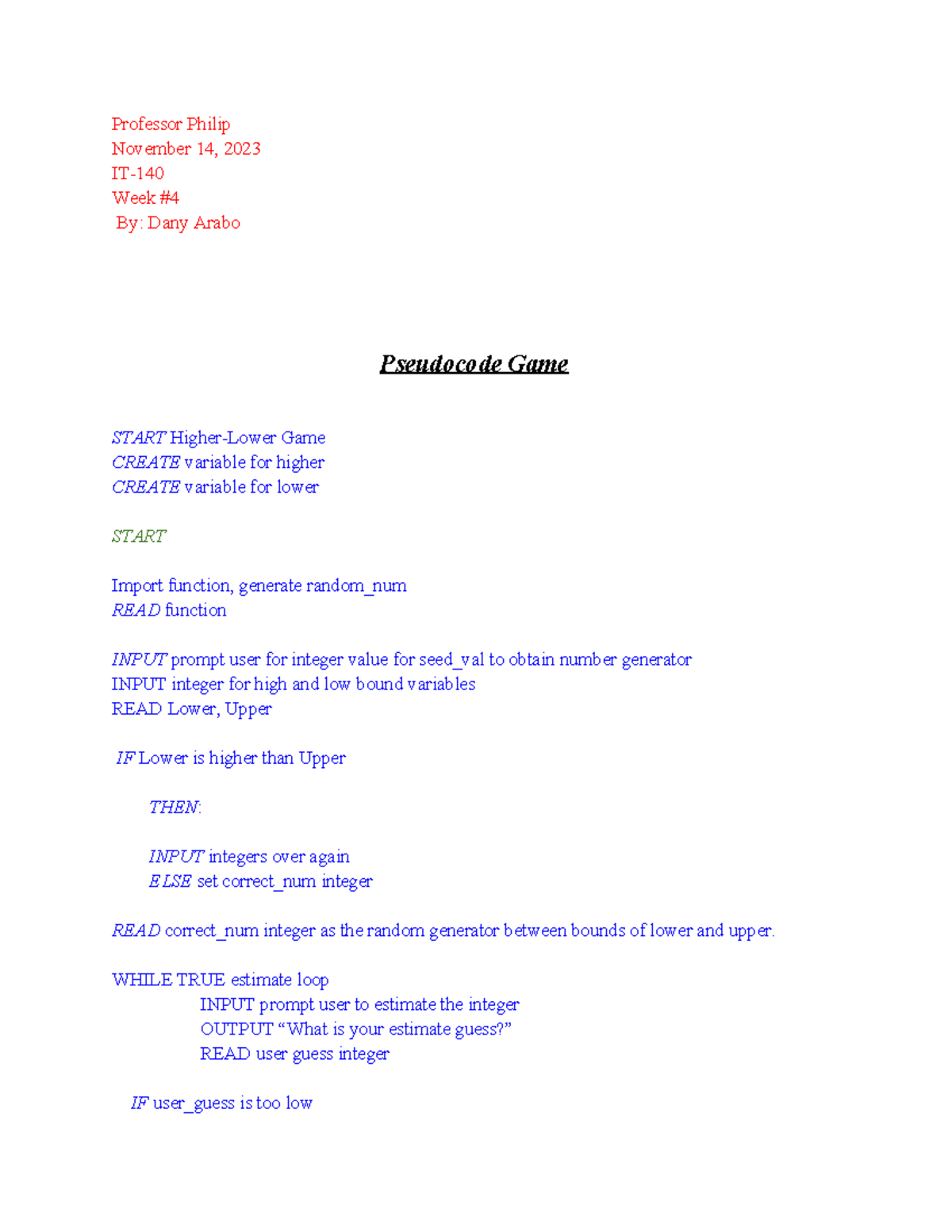 4 3 Assignment Pseudocode Revisited Dany Arabo Professor Philip November 14 2023 It Week