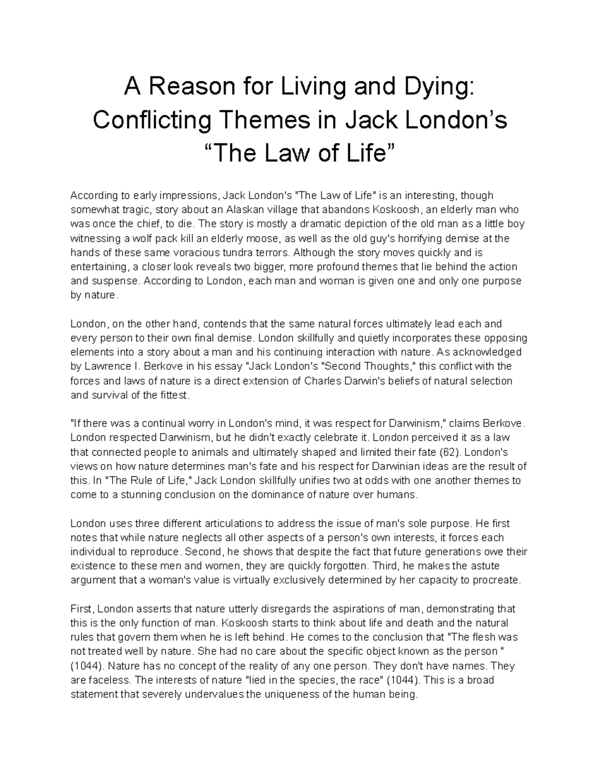 A Reason for Living and Dying: Conflicting Themes in Jack London’s “The ...