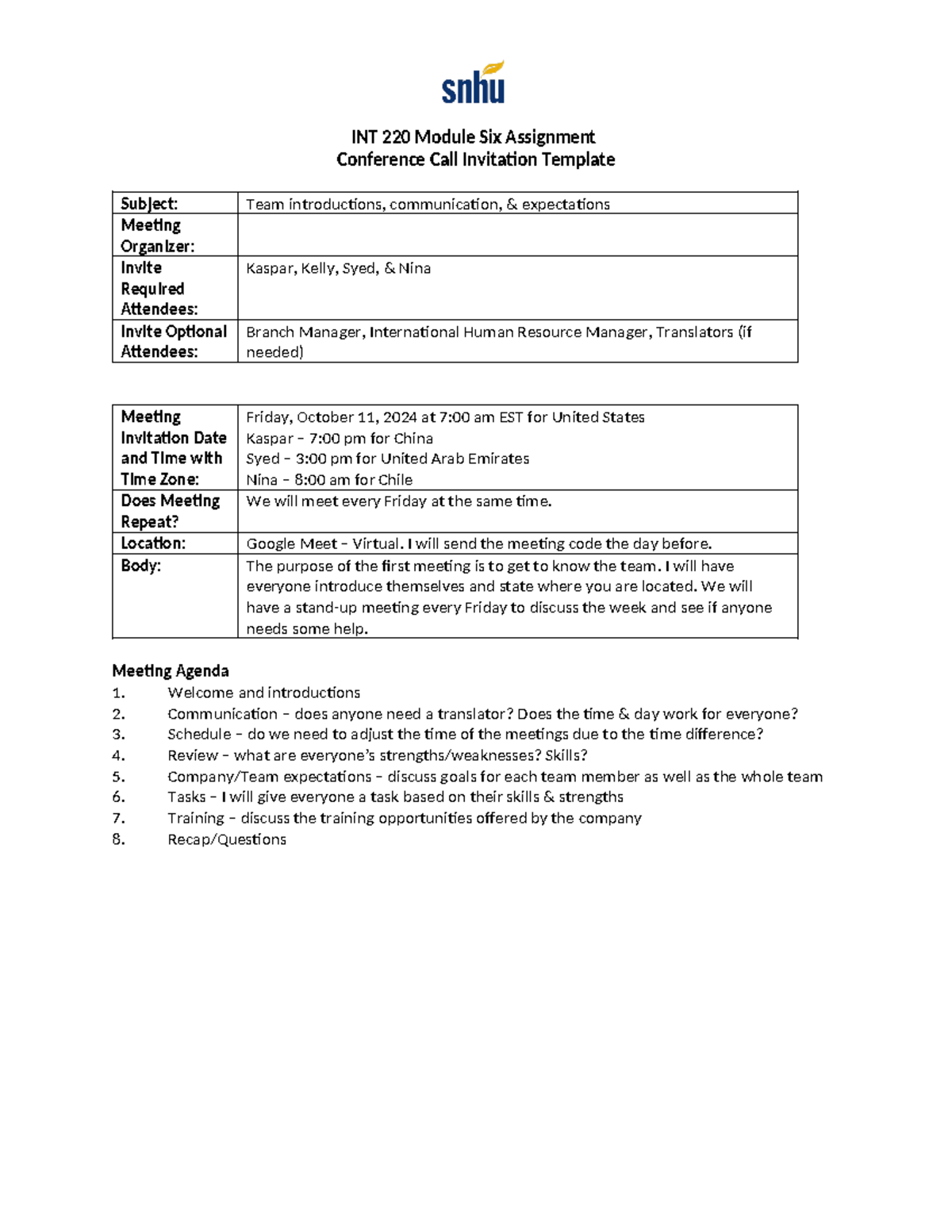 Module 6 Conference Call Invitation - INT 220 Module Six Assignment ...