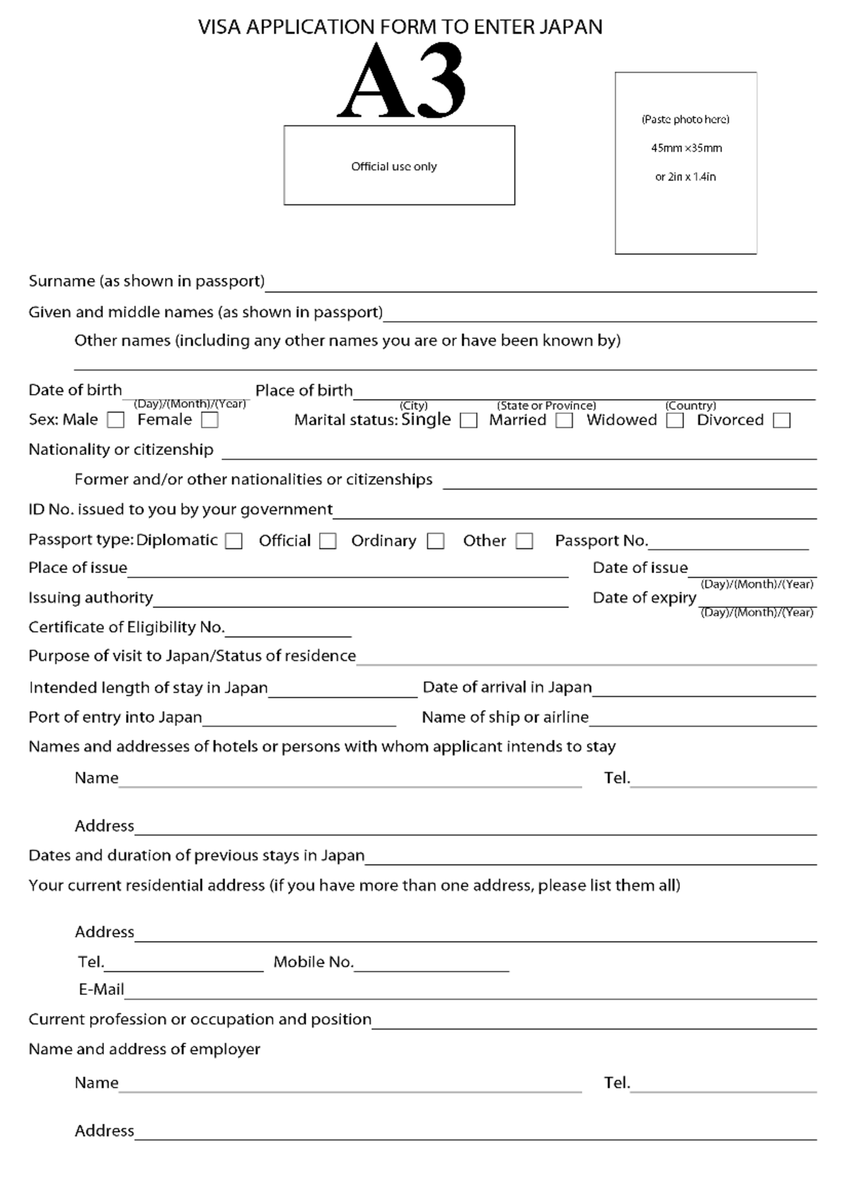 NEW 2023 APP FORM - ajsdhd - VISA APPLICATION FORM TO ENTER JAPAN A3 ...