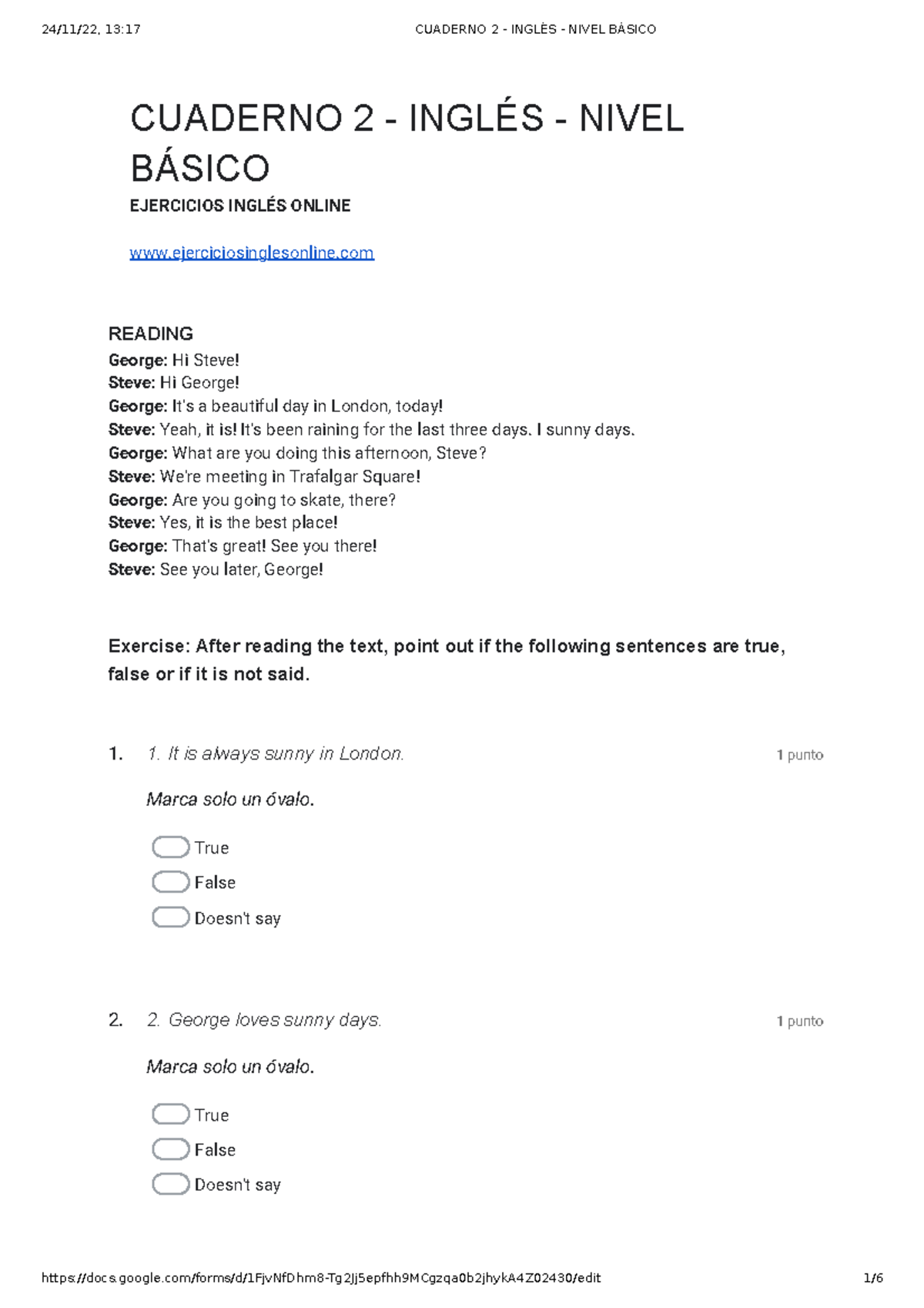 Cuaderno 2 - Inglés - Nivel Básico - Formularios de Google - READING ...