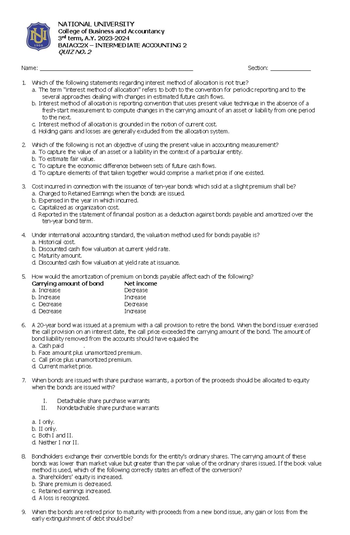 Baiacc 2X Quiz No. 2 3TAY2324 Questionaire 1 - NATIONAL UNIVERSITY ...