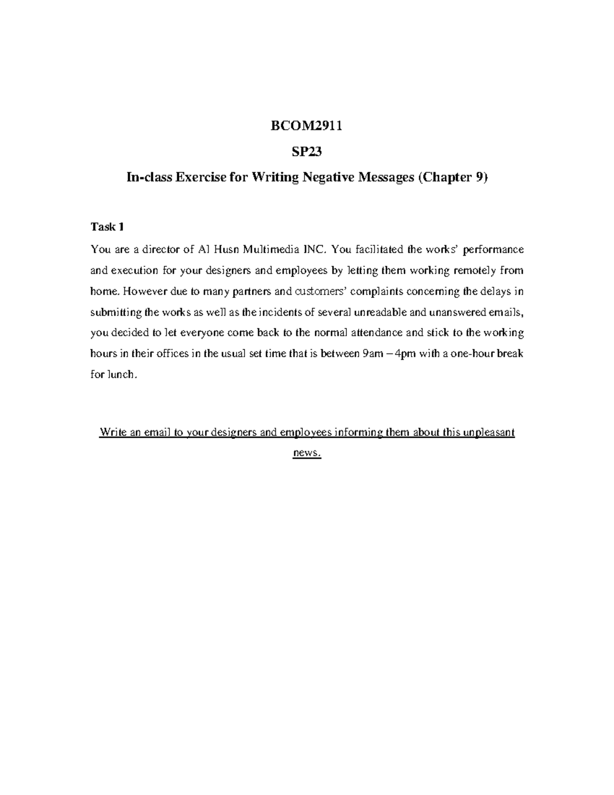 Practice (Ch9) - ......... - BCOM SP In-class Exercise for Writing Negative Messages (Chapter 9 ...