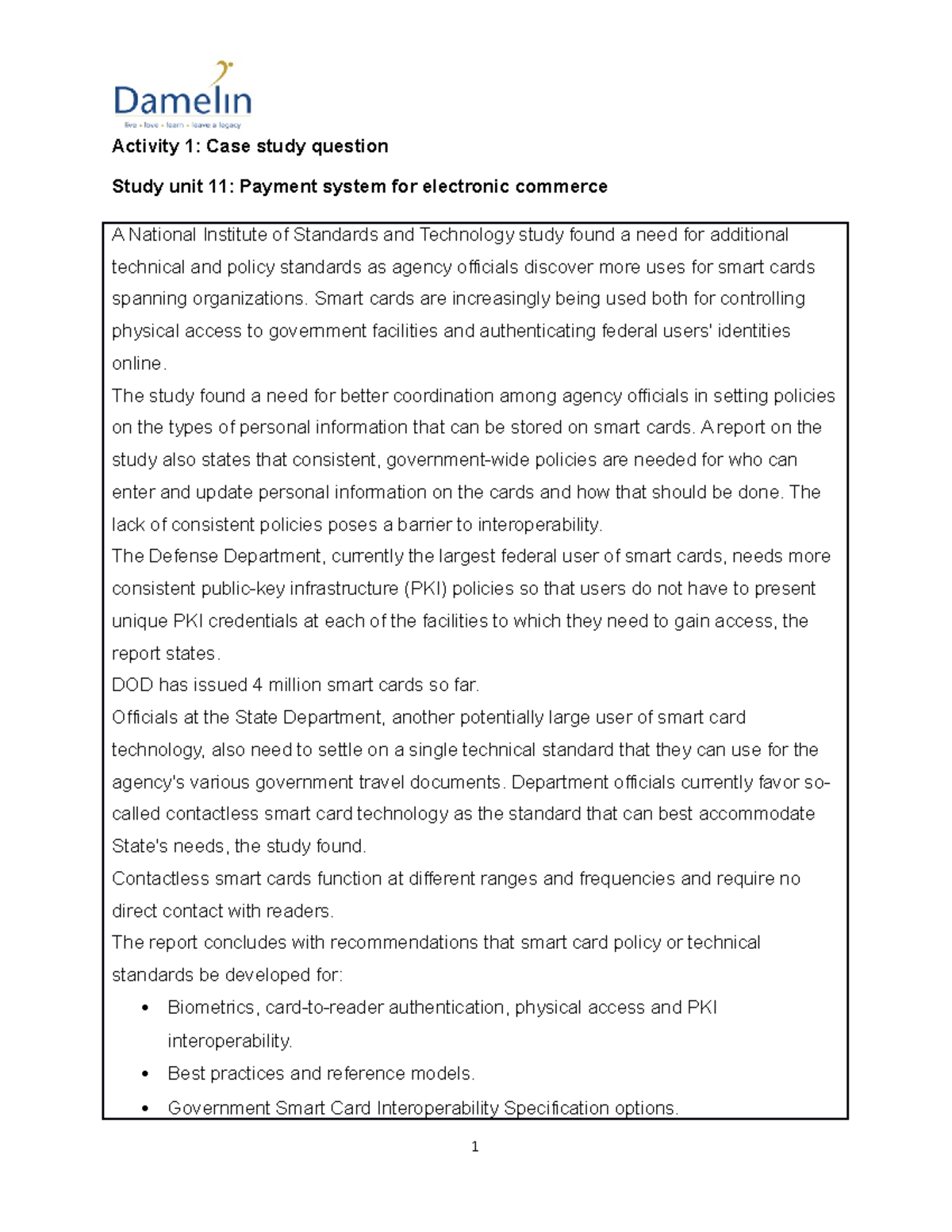 Activity one - Assignments - Activity 1: Case study question Study unit ...