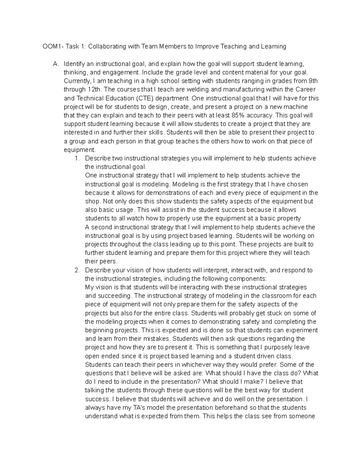 OOM1- Task 1 Collaborating with Team Members to Improve Teaching and ...