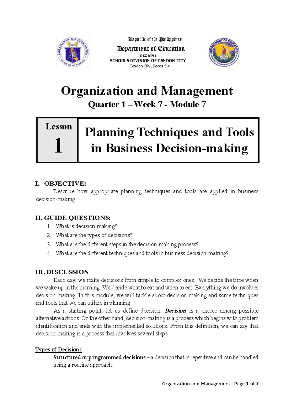 Organization-and-Management Q1 W7 M7 - Republic of the Philippines ...