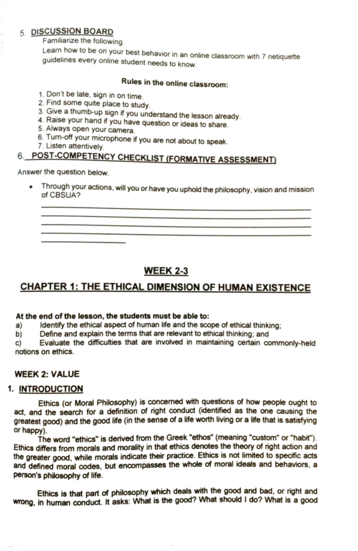 Week 2 - Value - Ethics - Understanding the self - Studocu