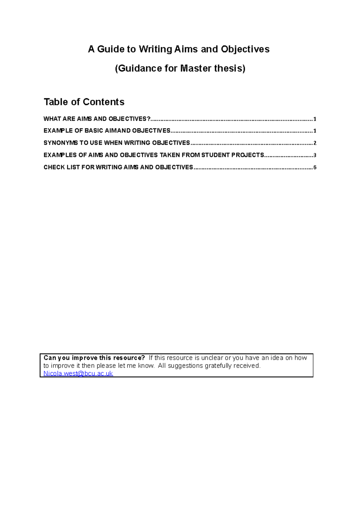 Guidance for Aims and Objectives - A Guide to Writing Aims and ...