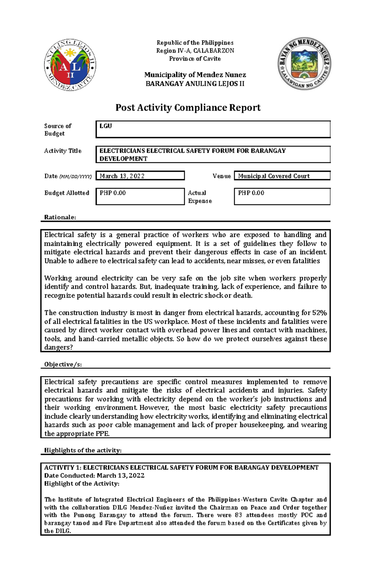3.4.2 - All - Post Activity Compliance Report Source of Budget LGU ...