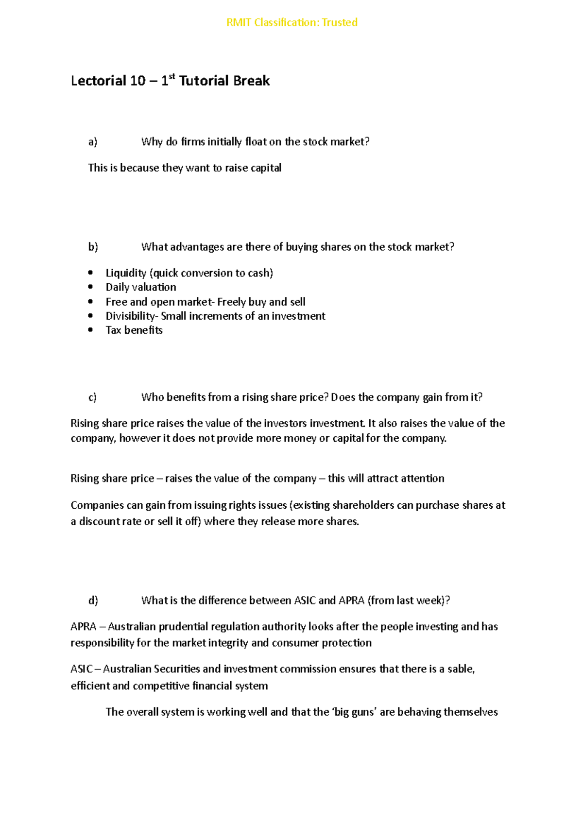 Week 10 Tutorial Questions Sm 2 2020 Rmit Classification Trusted Lectorial 10 1st Tutorial