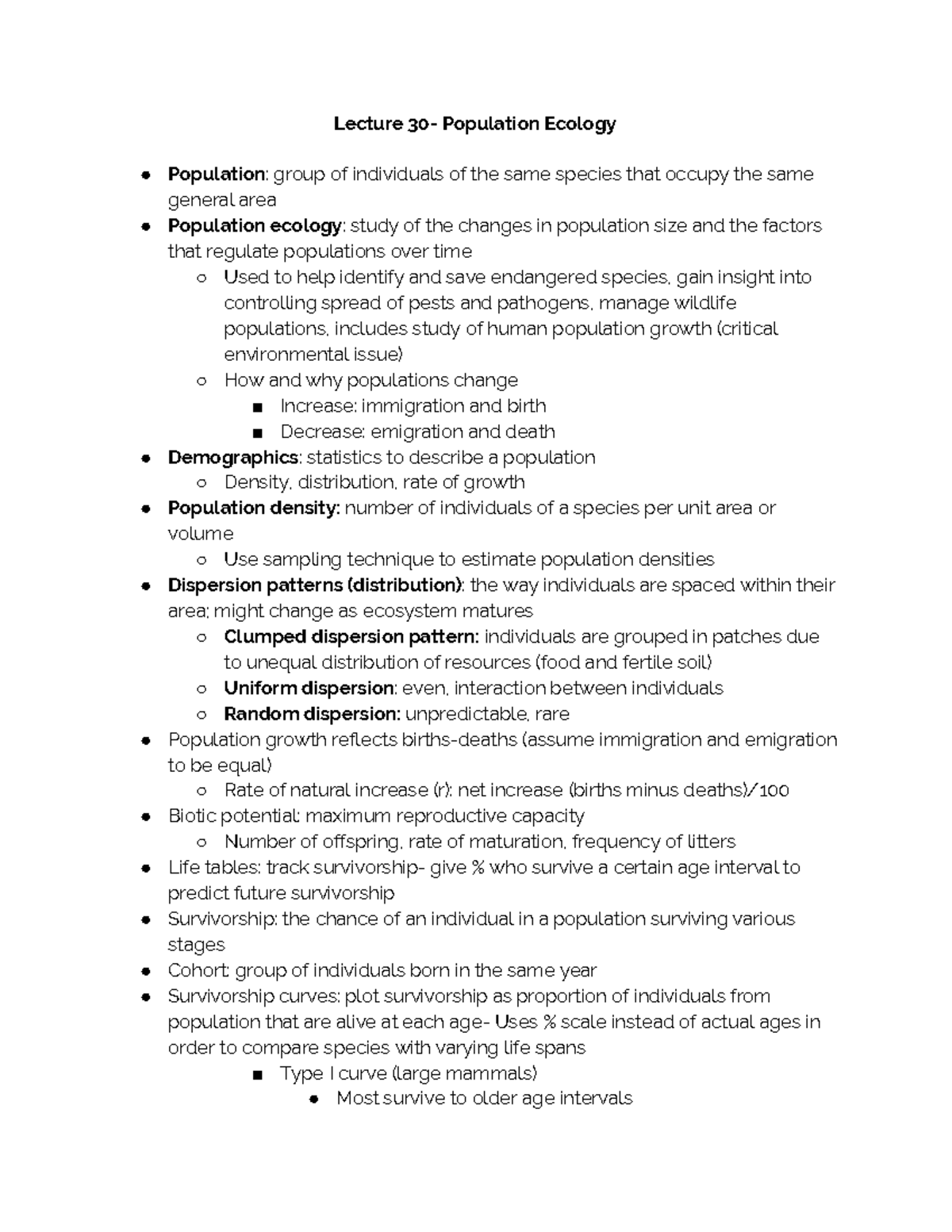Lecture 30- Population Ecology - Studocu