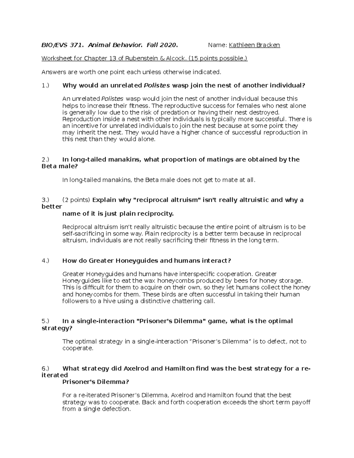 Chapter 13 Worksheet, Rubenstein & Alcock - BIO/EVS 371. Animal ...