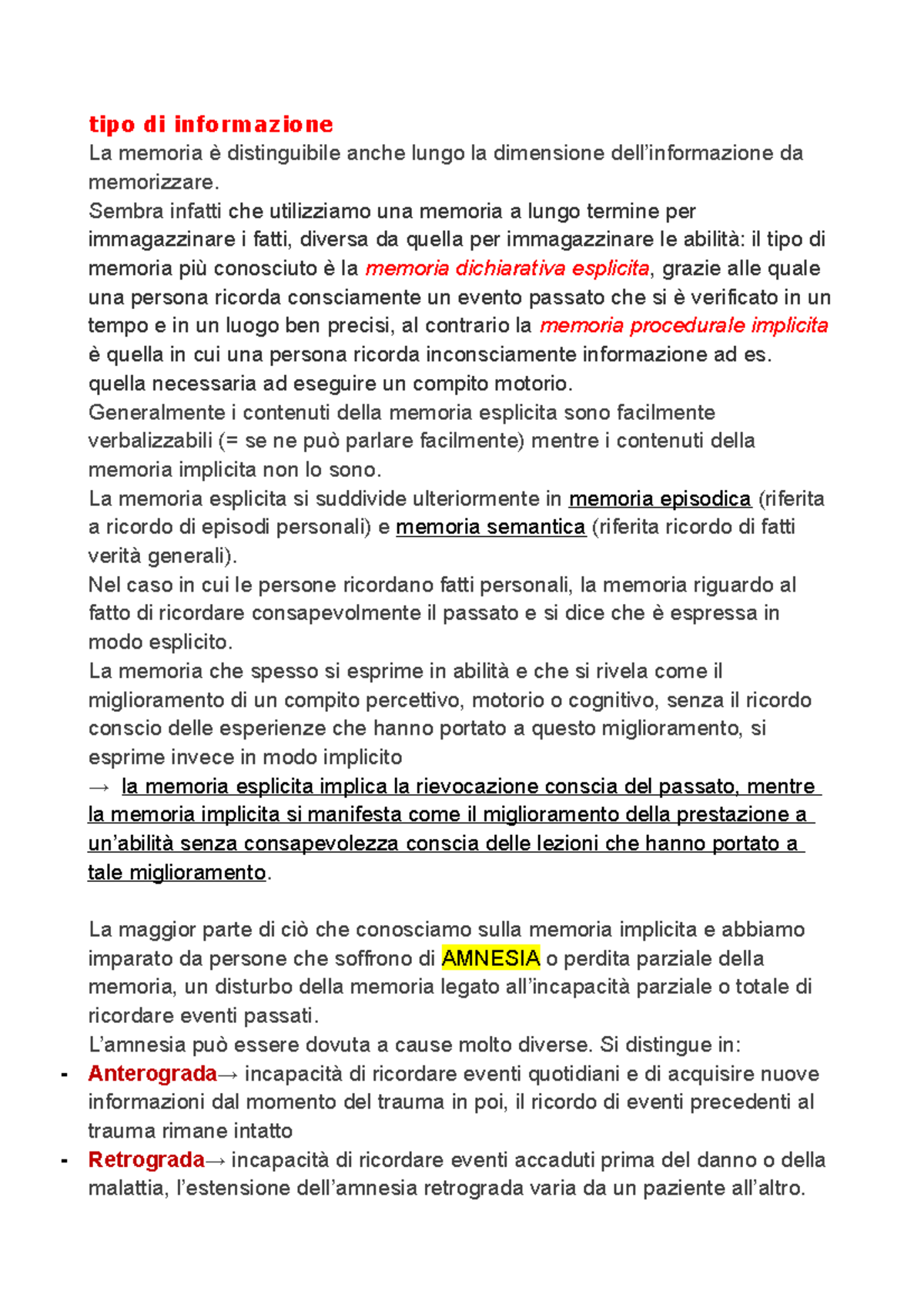 Memoria- esplicita e implicita - tipo di informazione La memoria è ...