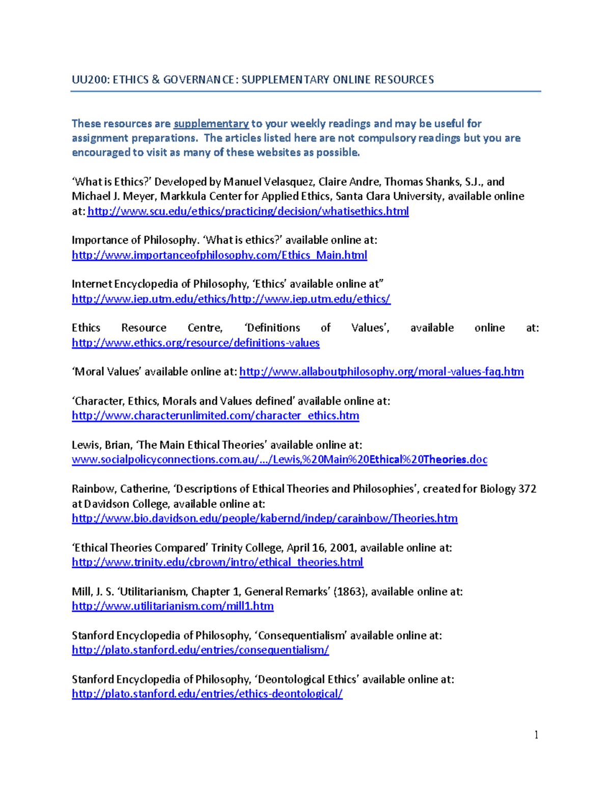 UU200 Supplementary Online Resources - UU200: ETHICS & GOVERNANCE ...