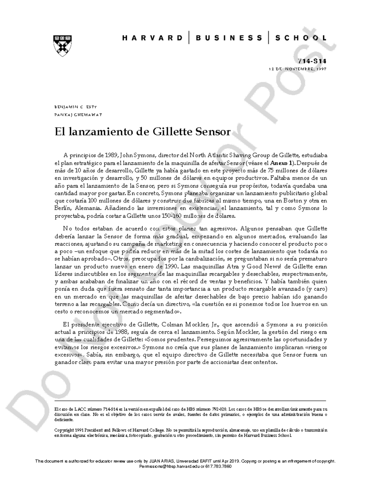 Gillette's Launch of Sensor, Spanish Version - 7 1 4 -S 1 4 1 2 D E N O ...