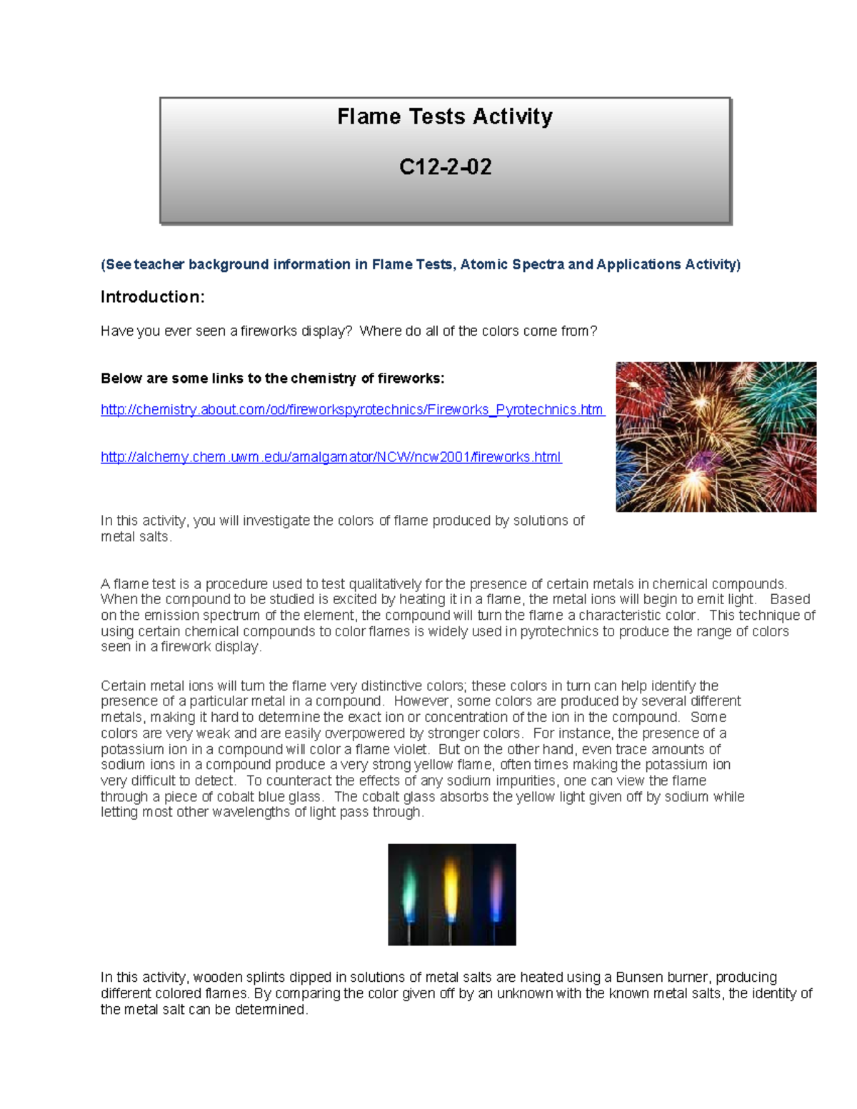 Flame Tests Activity C12-2-02 - (See teacher background information in ...