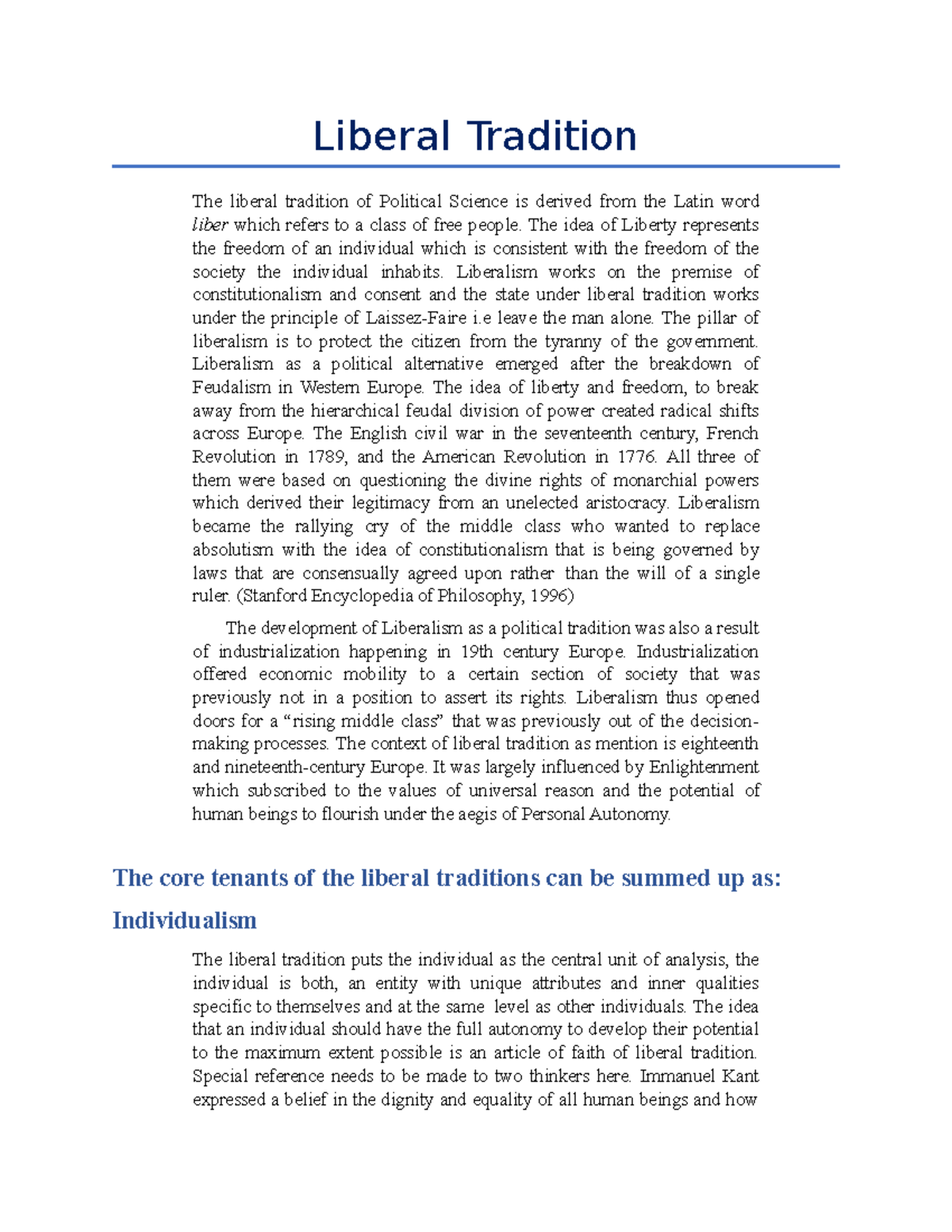 Note on Liberal Tradition - Liberal Tradition The liberal tradition of ...