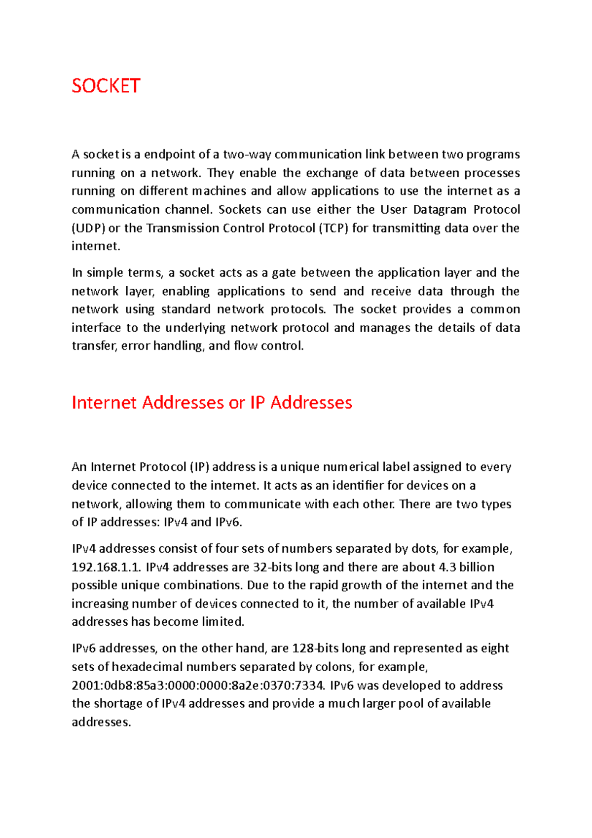 Socket - NOTES - SOCKET A socket is a endpoint of a two-way ...