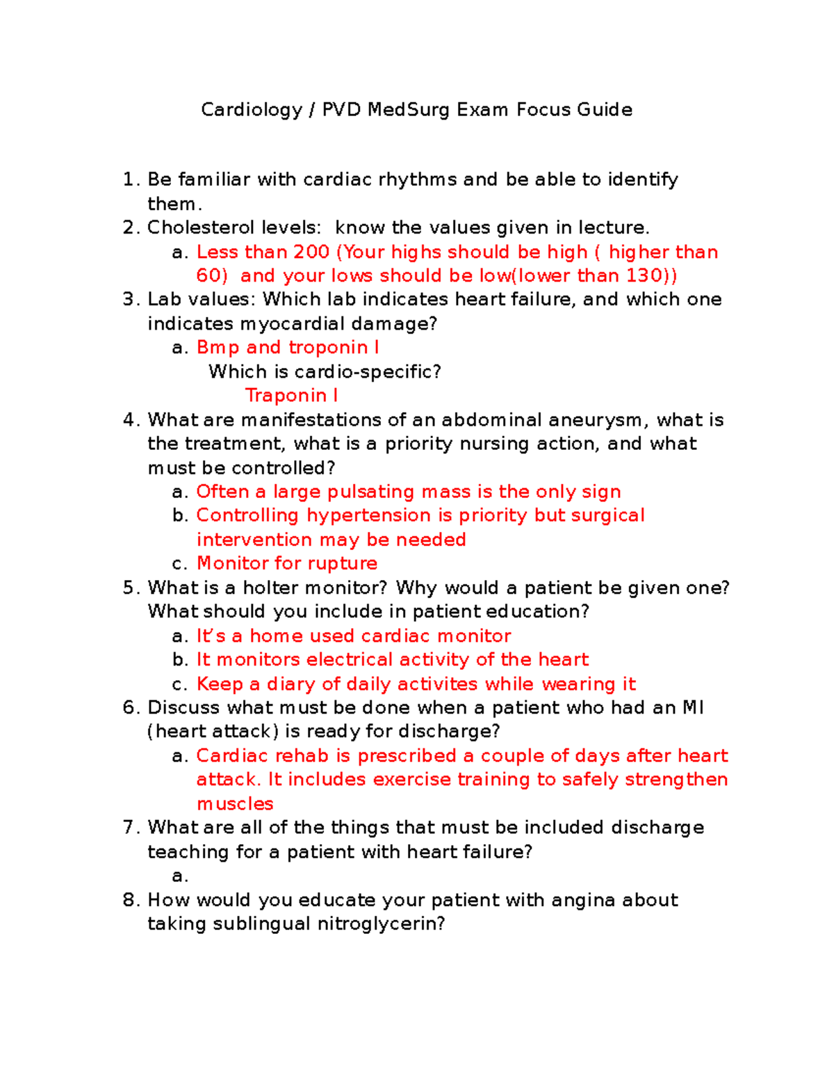 Cardiology Focus Guide - Cardiology / PVD MedSurg Exam Focus Guide Be ...