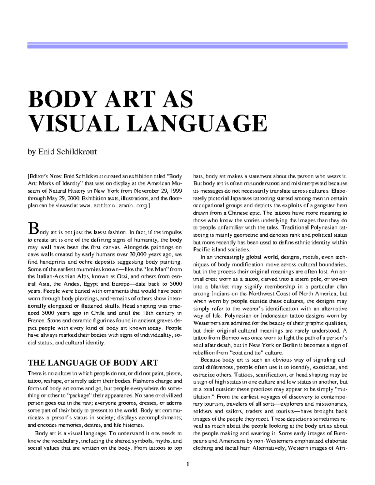 Body Art As Visual Lang - Assigned reading by Prof. Fiumerodo. Spring ...