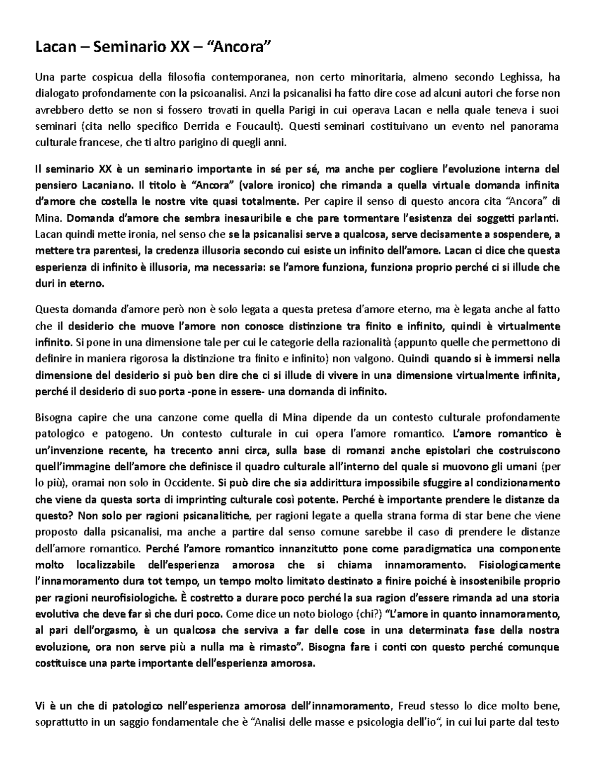 Lacan - Seminario XX - Riassunto dei concetti principali del libro con ...