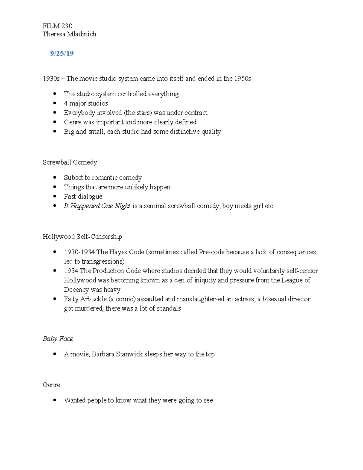 Film 230 Notes - Theresa Mladinich 9/25/ 1930s – The movie studio ...