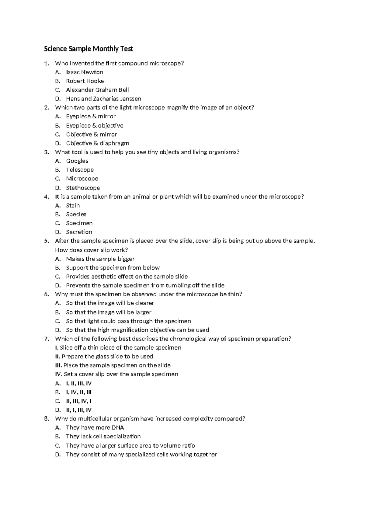 Sciene 2nd Monthly Test Sample - Science Sample Monthly Test Who ...