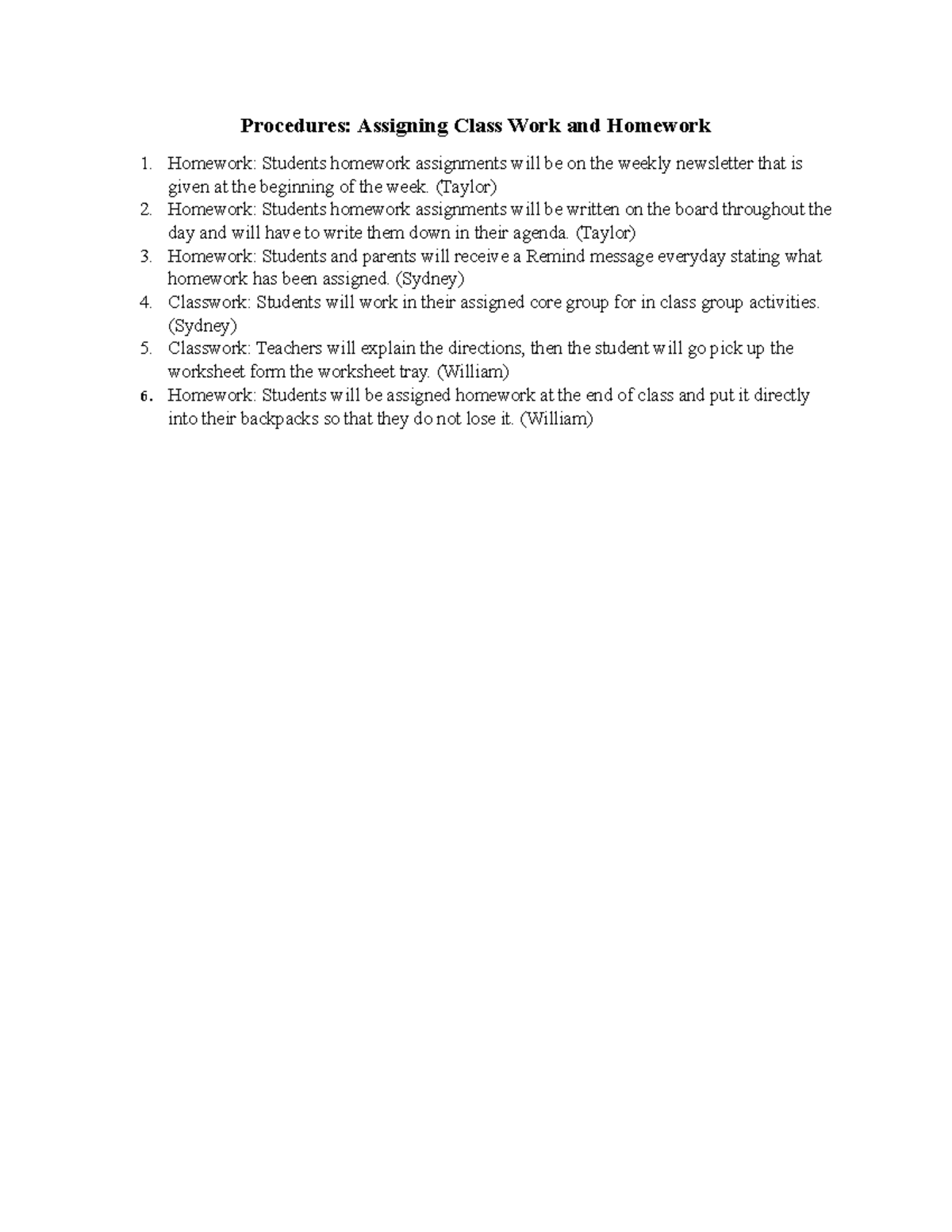 Procedures in the classroom - Procedures: Assigning Class Work and ...