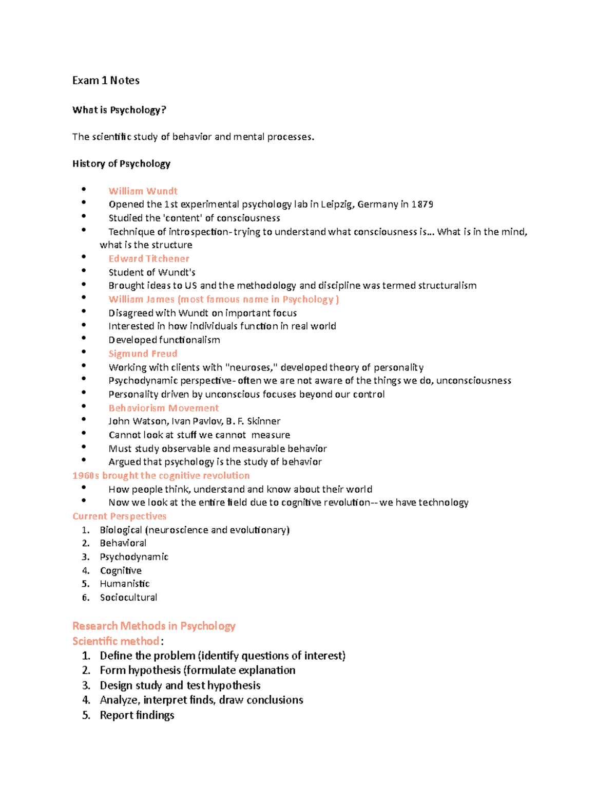Exam 1 Notes - All for exam 1 - Exam 1 Notes What is Psychology? The ...