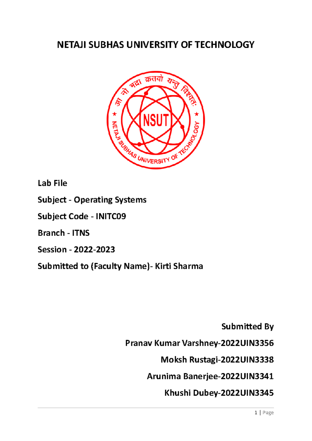 Os Filedocx Os Practical File Nsut Netaji Subhas University Of Technology Lab File Subject