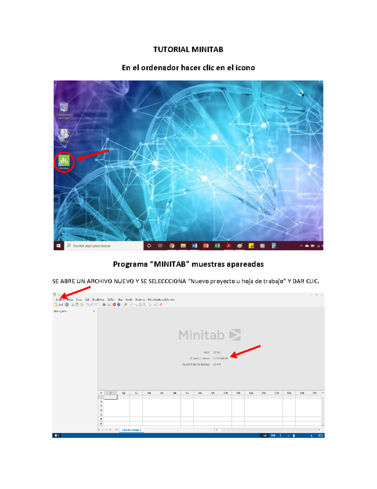 Procedimiento Minitab - TUTORIAL MINITAB En el ordenador hacer clic en el icono Programa ...