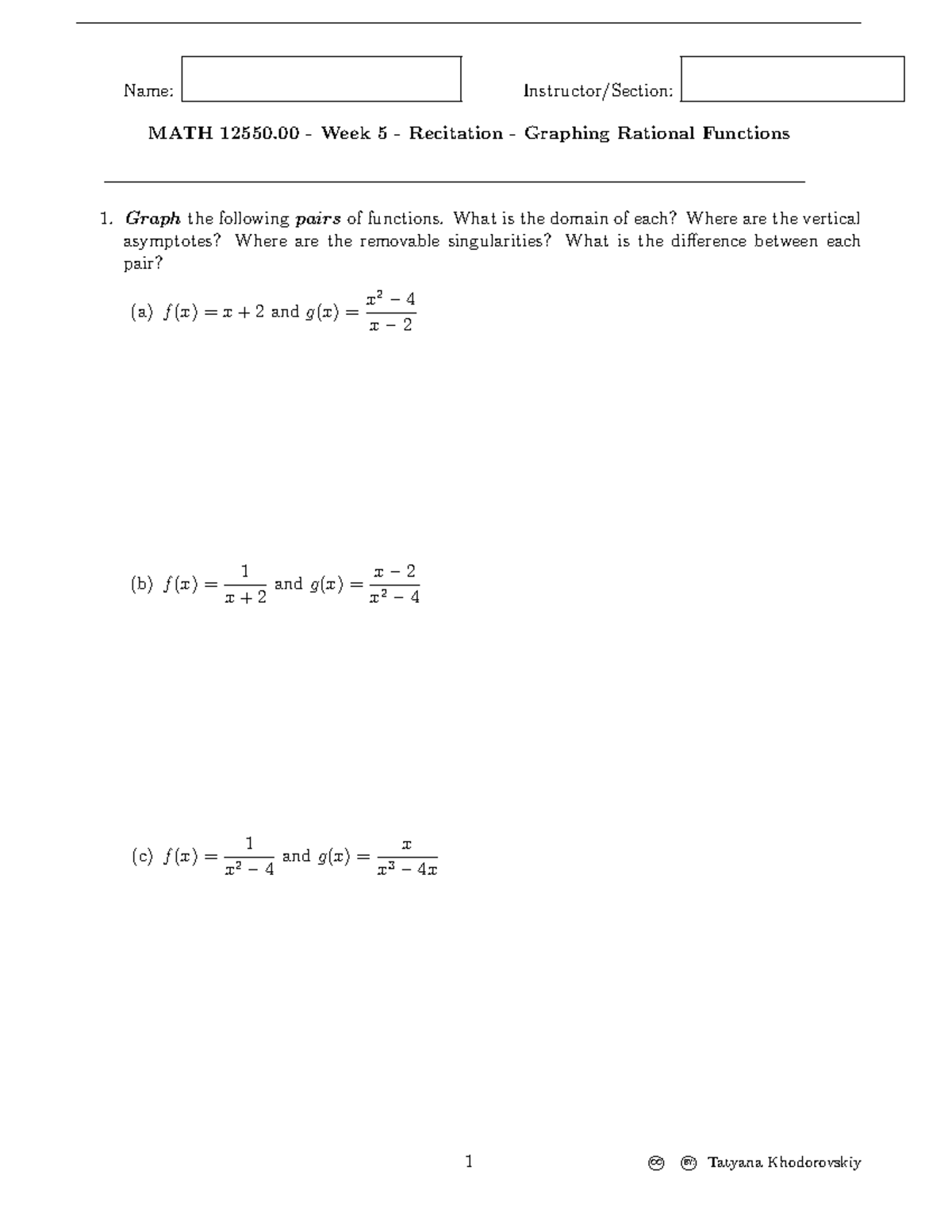 MATH12550 Week05 Rec - Name: Instructor/Section: MATH 12550 - Week 5 - Recitation - Graphing ...