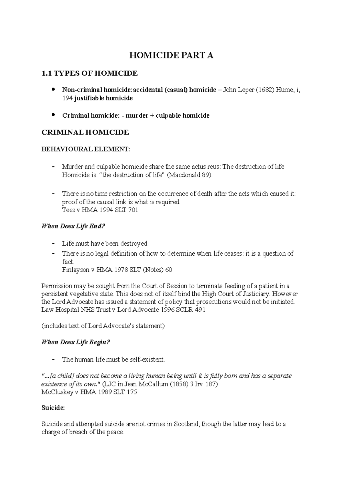 WEEK 8 - Revision Notes - HOMICIDE PART A 1 TYPES OF HOMICIDE Non ...