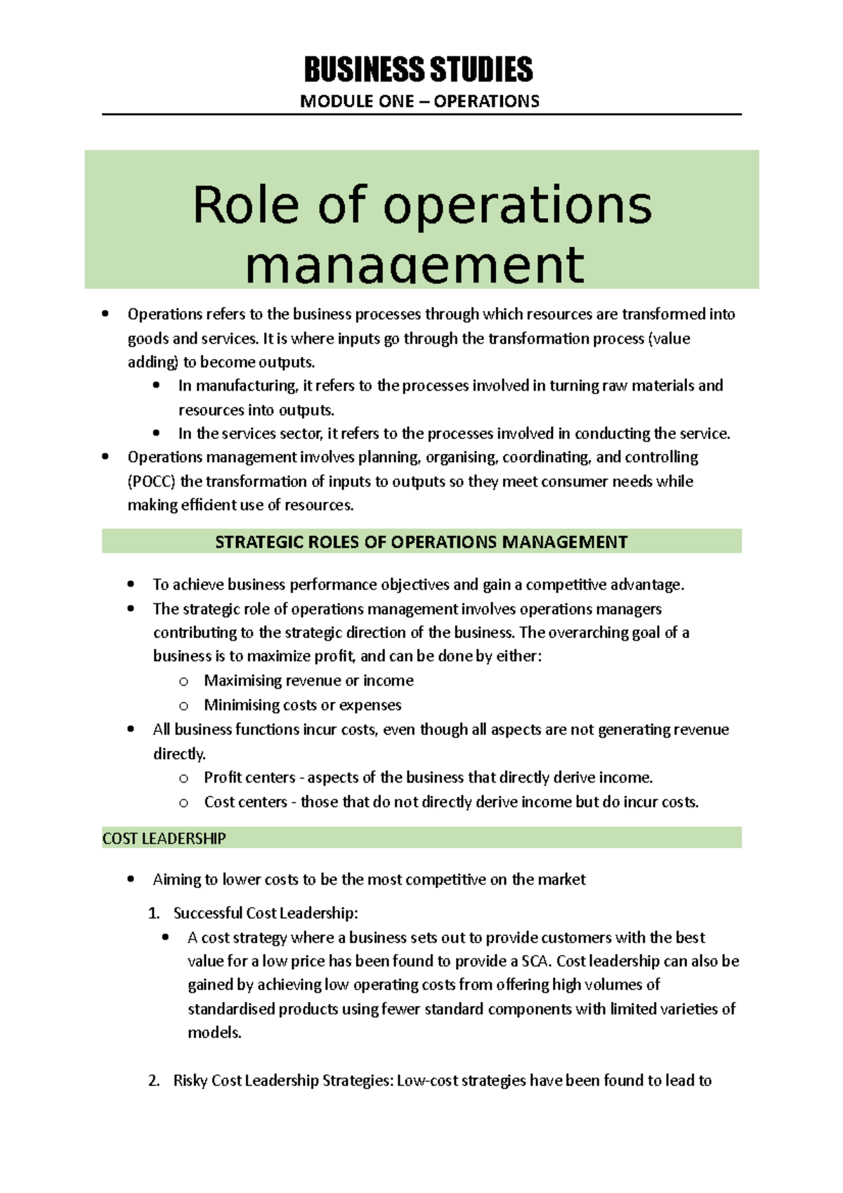 Business studies final notes - MODULE ONE – OPERATIONS Operations ...
