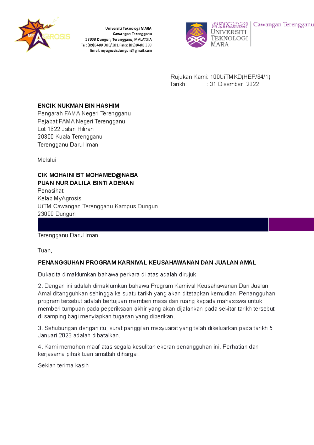 group assingment letter - Universiti Teknologi MARA Cawangan Terengganu ...