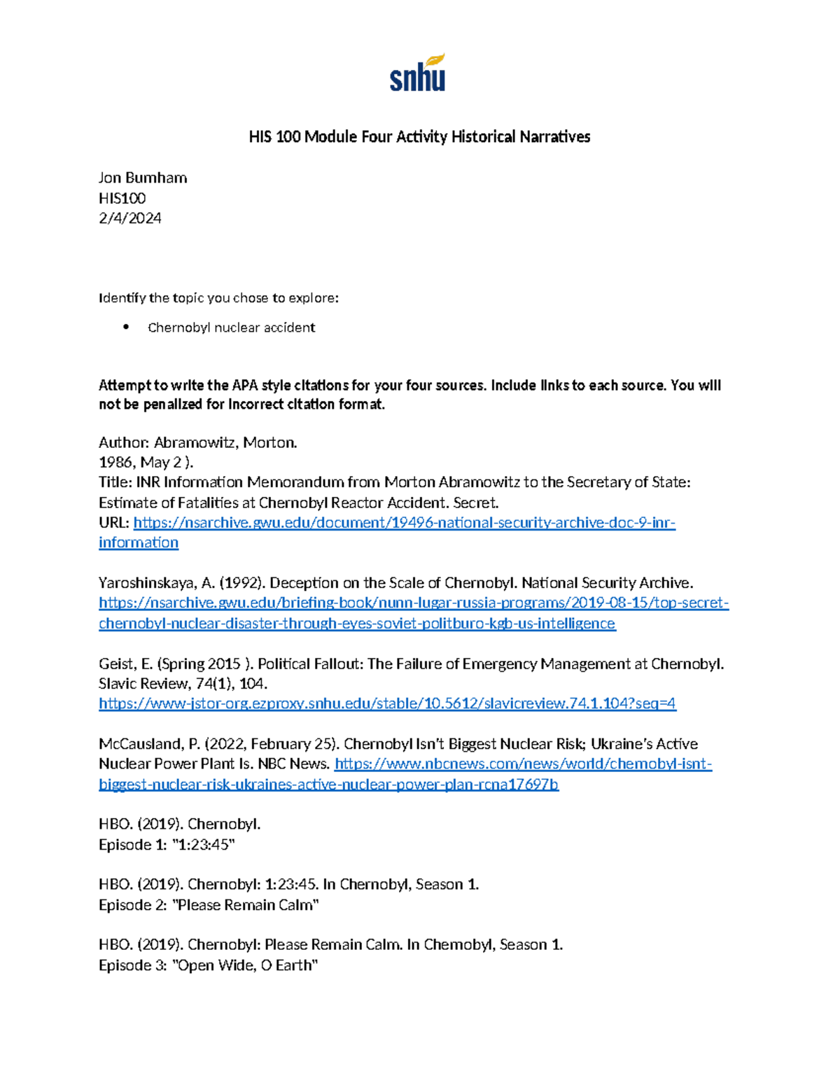 Activity four APA style - HIS 100 Module Four Activity Historical ...