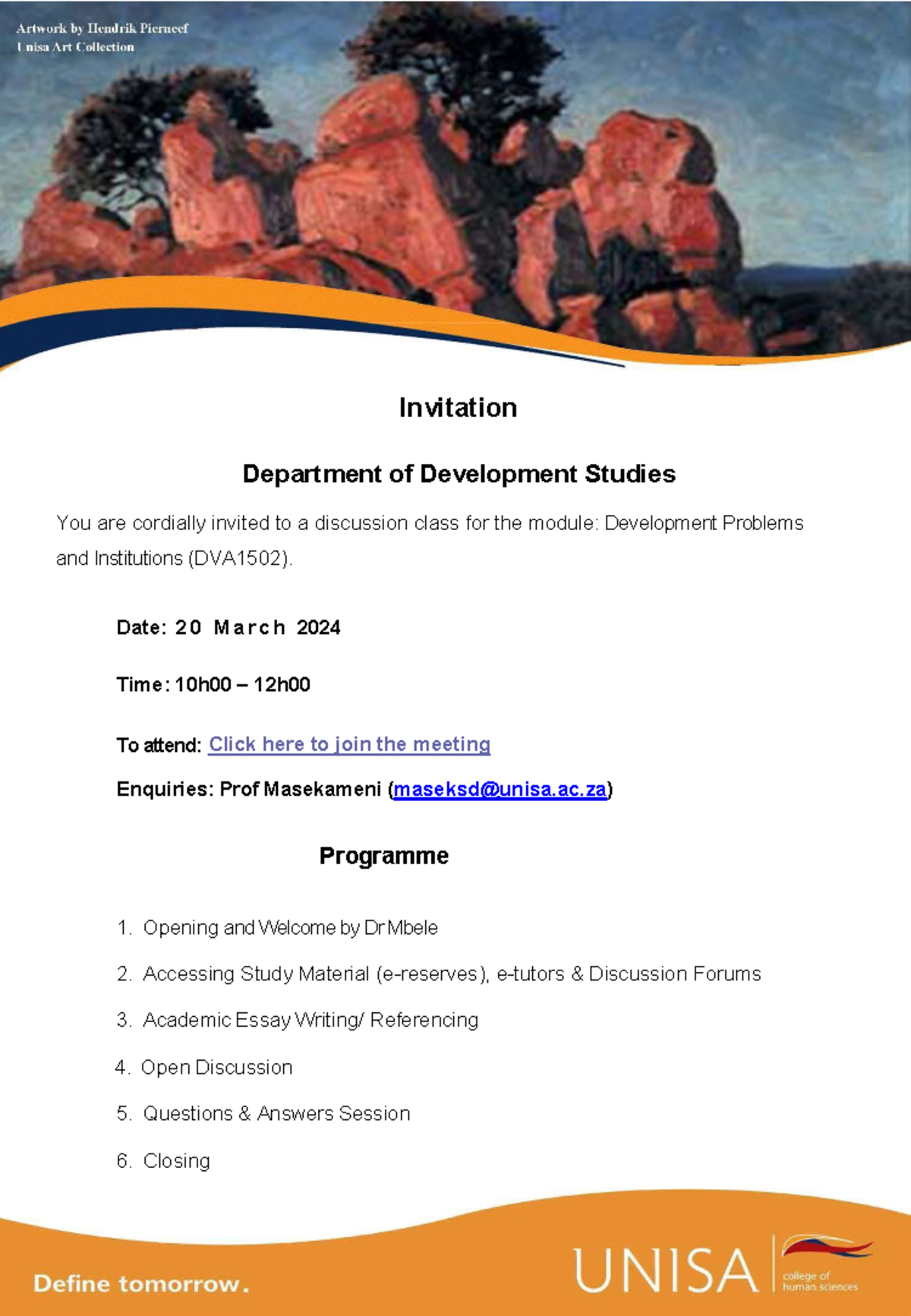 Invitation Discussion Class DVA1502 - Invitation Department of ...