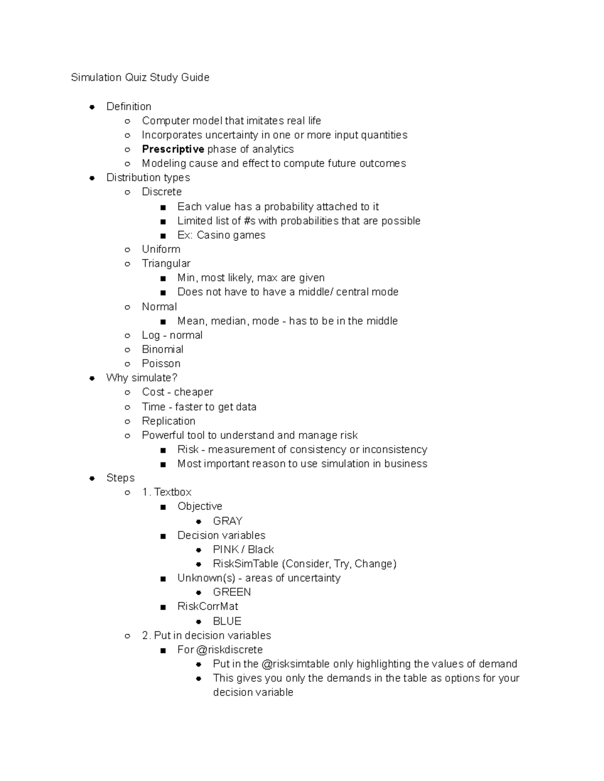 Simulation Quiz Study Guide - Textbox Objective GRAY Decision variables ...