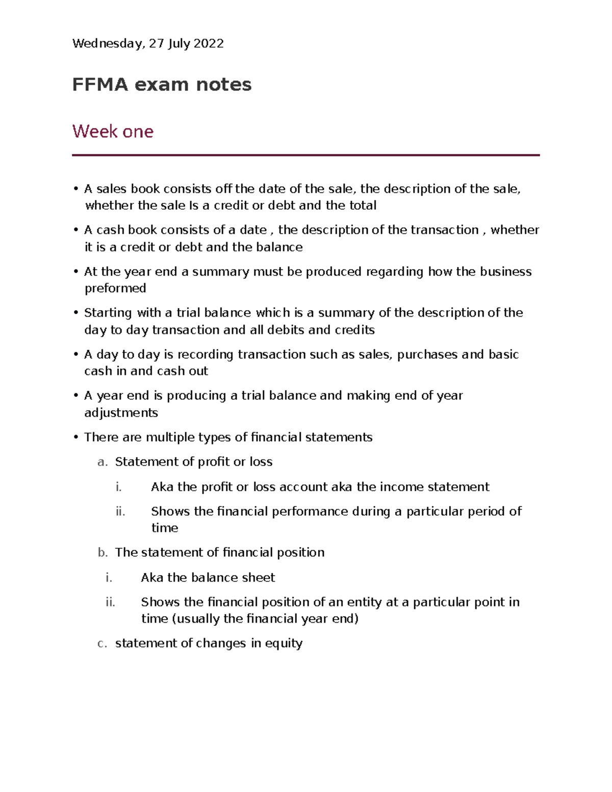 FFMA exam - ffma - Wednesday, 27 July 2022 FFMA exam notes Week one A ...