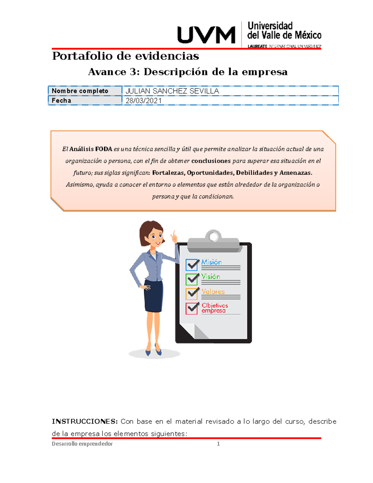 A7 JUL - tarea blackboard - Portafolio de evidencias Avance 3: Descripción de la empresa Nombre ...
